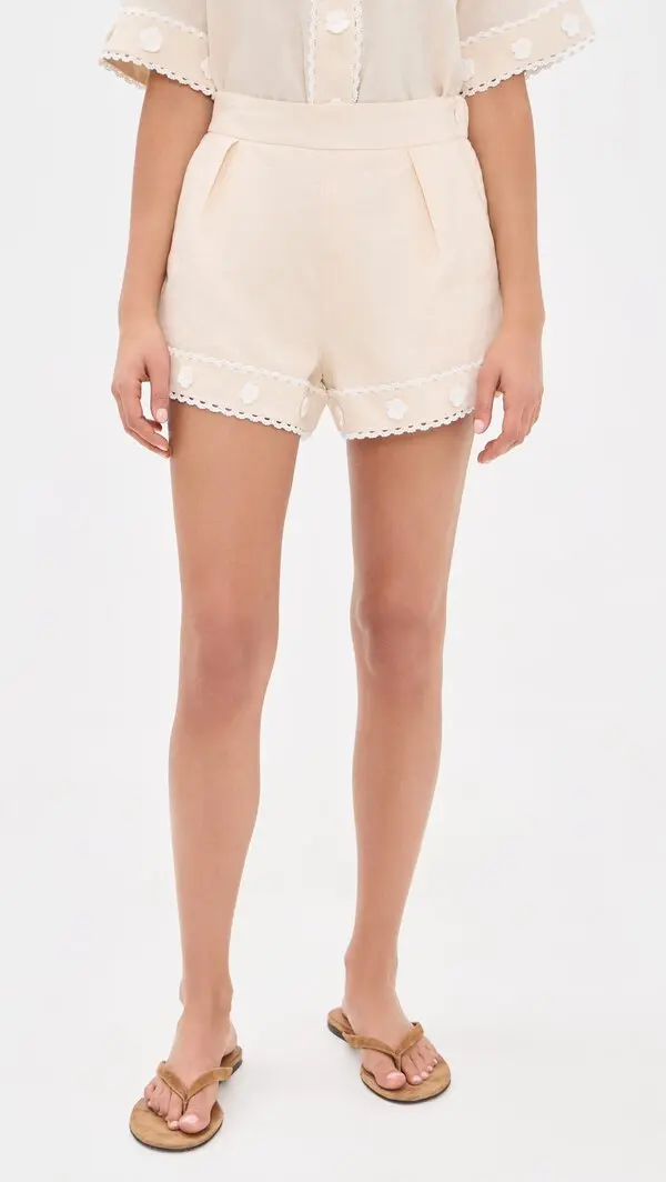 English Factory Floral Detailed Linen Shorts - Light Beige