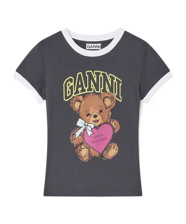 GANNI Cropped Teddy T-shirt - Phantom Black