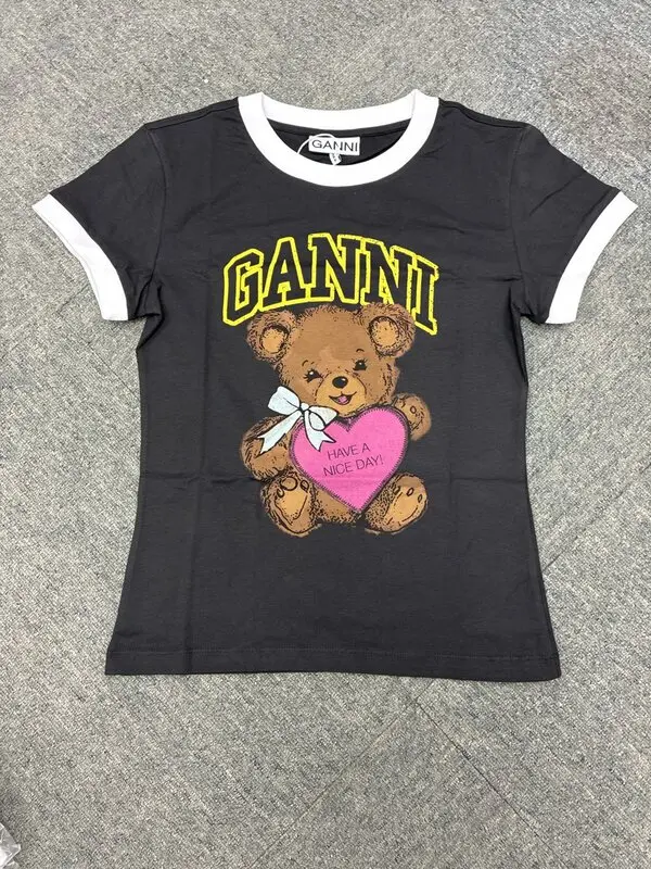 GANNI Cropped Teddy Bear Graphic T-shirt - Phantom Black
