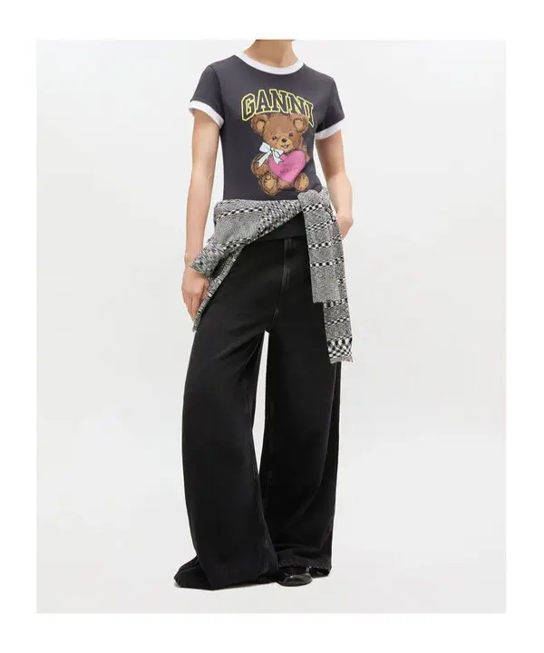GANNI Cropped Teddy Bear Graphic T-shirt - Phantom Black