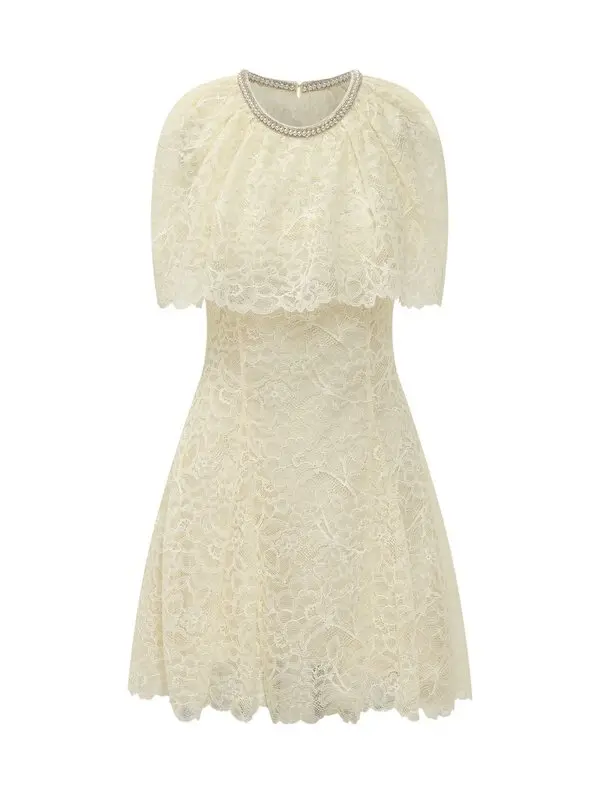 SELF-PORTRAIT Lace Crewneck Mini Dress With Cape Effect And Embellished Neckline