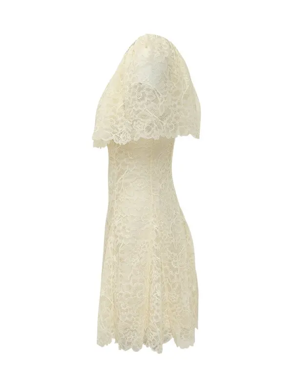 SELF-PORTRAIT Lace Crewneck Mini Dress With Cape Effect And Embellished Neckline