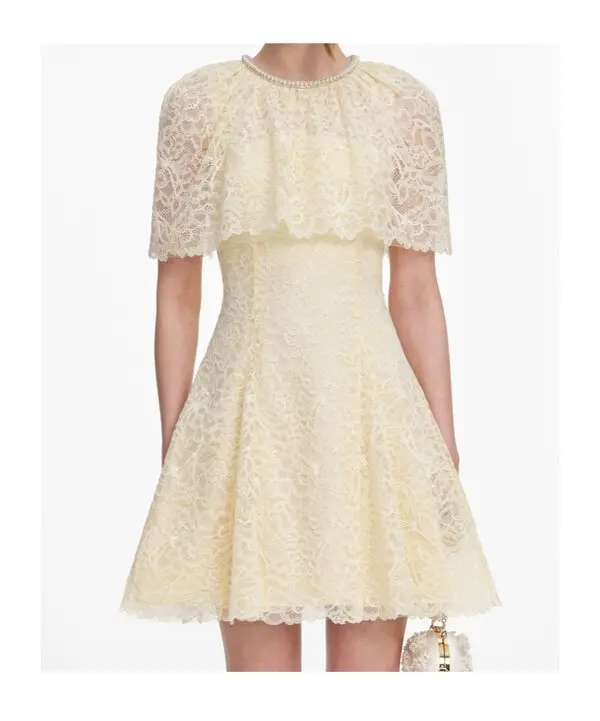 SELF-PORTRAIT Lace Crewneck Mini Dress With Cape Effect And Embellished Neckline