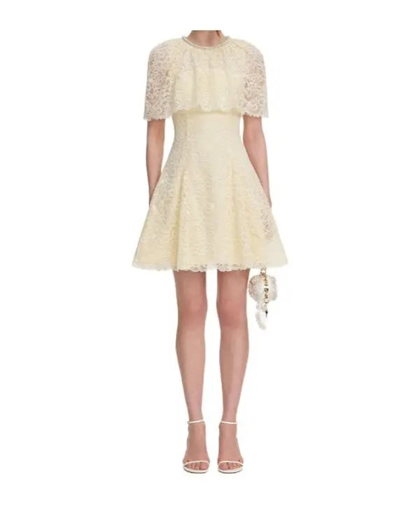 SELF-PORTRAIT Lace Crewneck Mini Dress With Cape Effect And Embellished Neckline