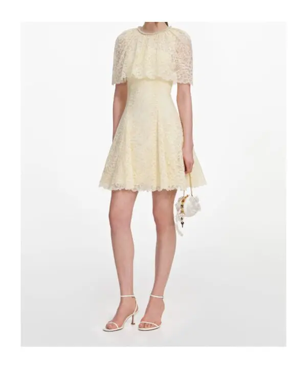 SELF-PORTRAIT Lace Crewneck Mini Dress With Cape Effect And Embellished Neckline