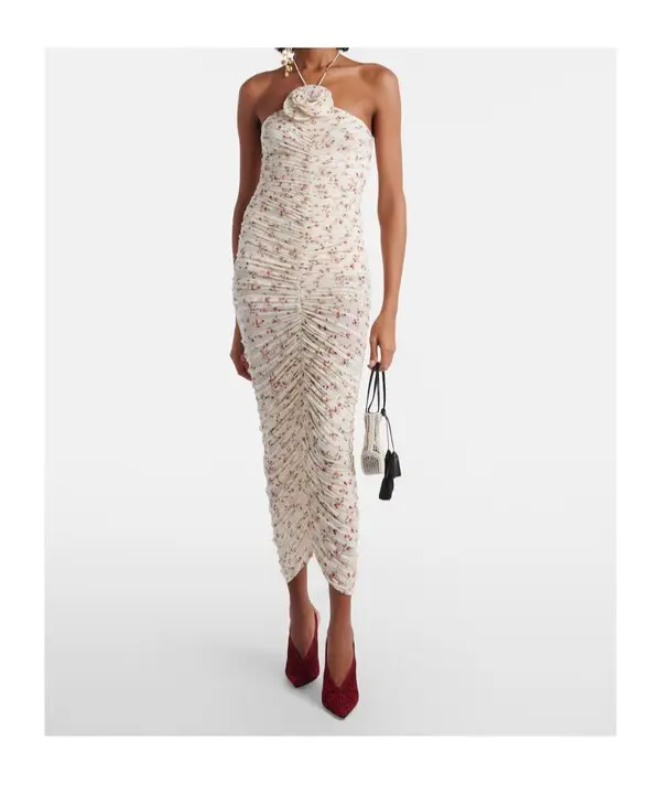 Magda Butrym Floral Appliqué Ruched Midi Dress - White