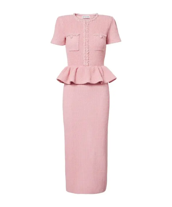 SELF-PORTRAIT Waffle-knit Peplum Midi Dress