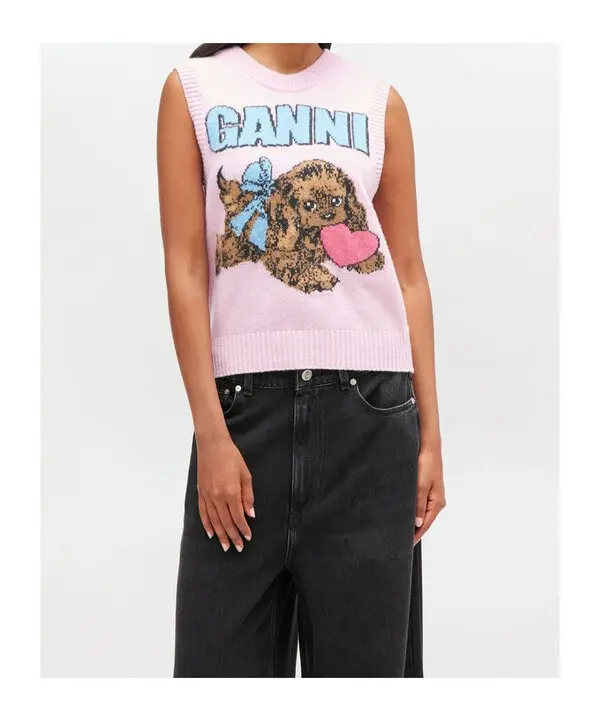 GANNI Puppy Print Knit Vest - Pink