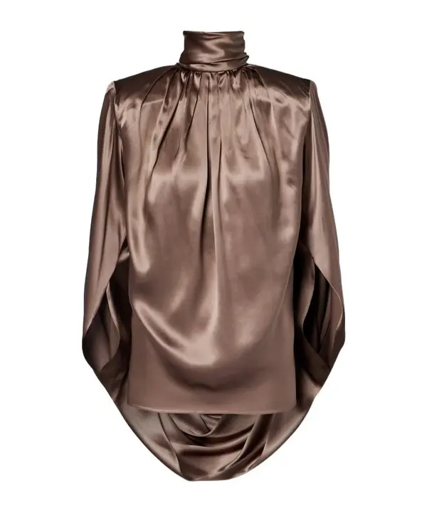 MUGLER Draped Silk-blend Satin Top - Brown
