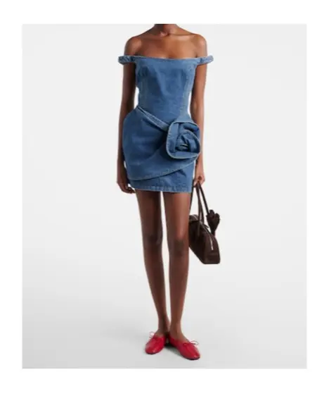 Magda Butrym Off-shoulder Floral Appliqué Denim Mini Dress