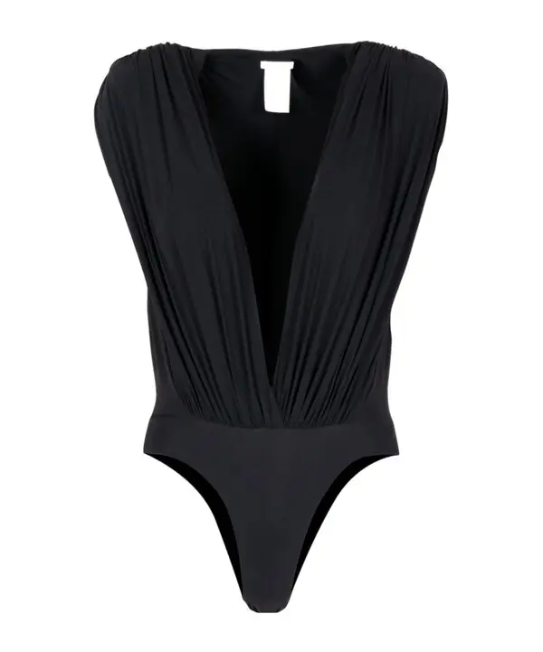 AMAZUIN Sleeveless V-neck Bodysuit With Padded Shoulders - Black