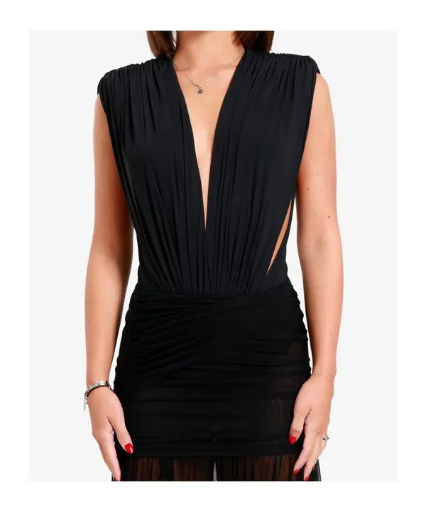 AMAZUIN Sleeveless V-neck Bodysuit With Padded Shoulders