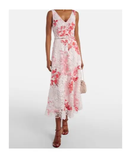 Monique Lhuillier Belted Floral Midi Dress