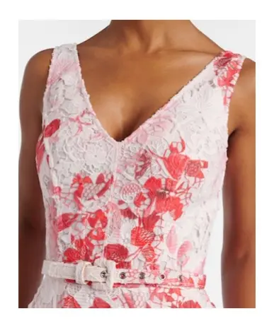Monique Lhuillier Belted Floral Midi Dress