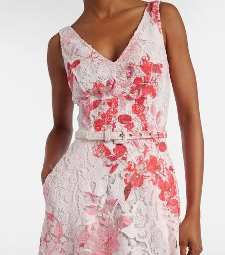 Monique Lhuillier Belted Floral Midi Dress