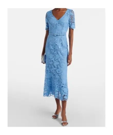Monique Lhuillier Belted Lace Midi Dress