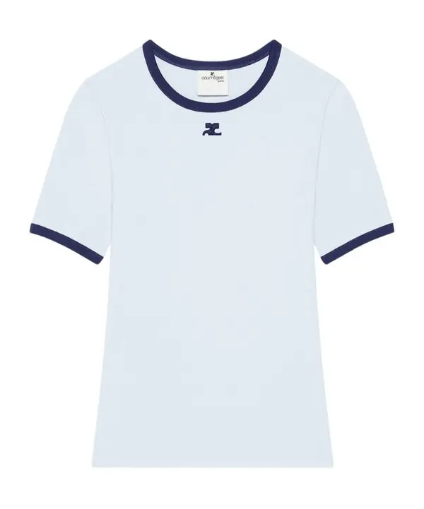 COURREGES Logo Embroidered Contrast Trim T-shirt - Soft Blue/work Blue