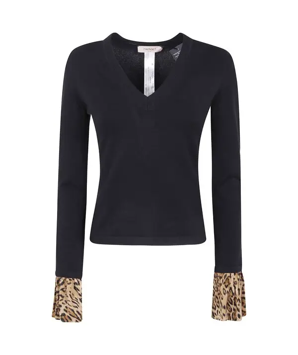 TWINSET V-neck Ruffled Jumper With Leopard Print Cuffs - Black
