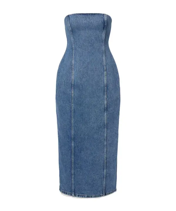 Magda Butrym Strapless Denim Midi Dress With Crochet Trim - Blue