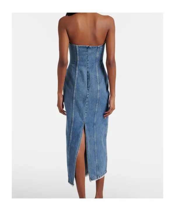 Magda Butrym Strapless Denim Midi Dress With Crochet Trim - Blue