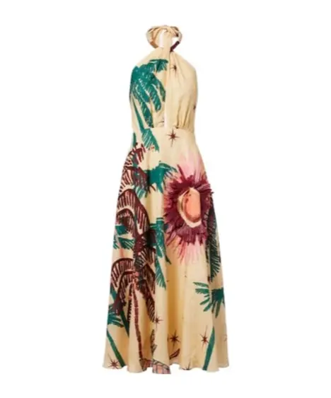 Johanna Ortiz Floral Linen Halterneck Midi Dress - Nude