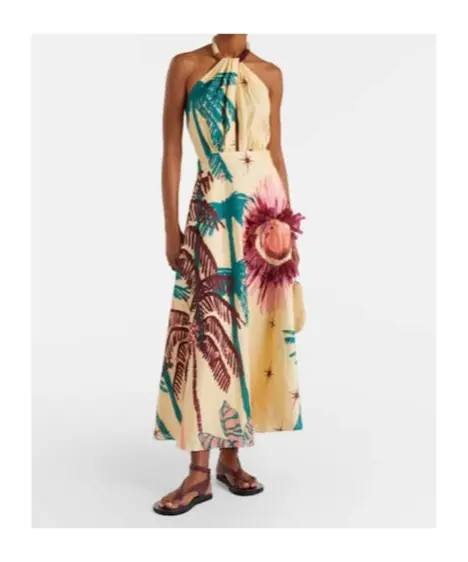 Johanna Ortiz Floral Linen Halterneck Midi Dress - Nude