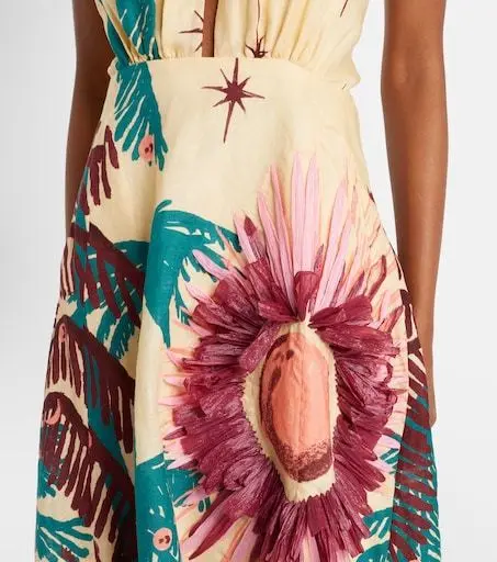 Johanna Ortiz Floral Linen Halterneck Midi Dress - Nude