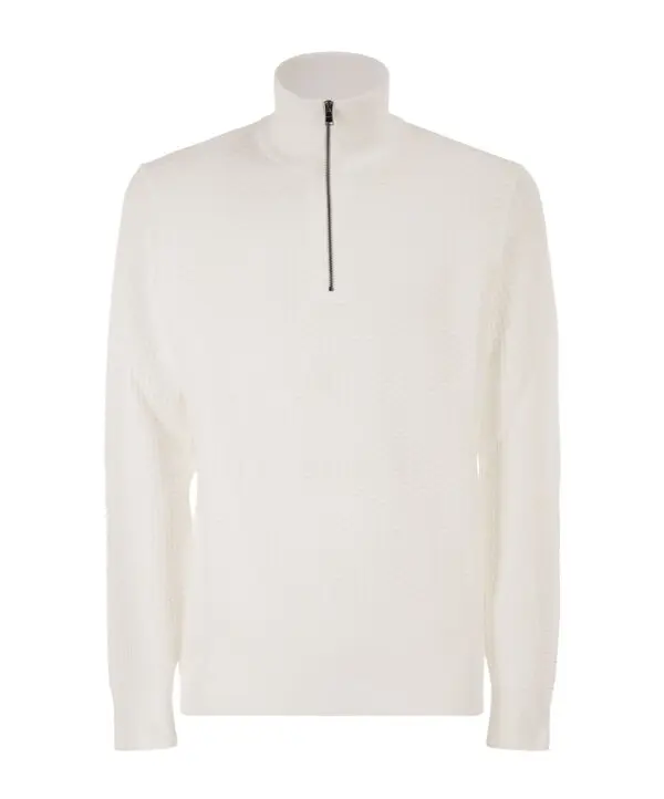Hugo Boss Textured Half Zip Knitted Sweater - White