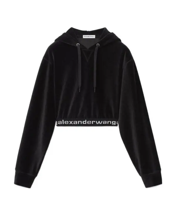 Alexander Wang T Logo Cropped Corduroy Hoodie - Black