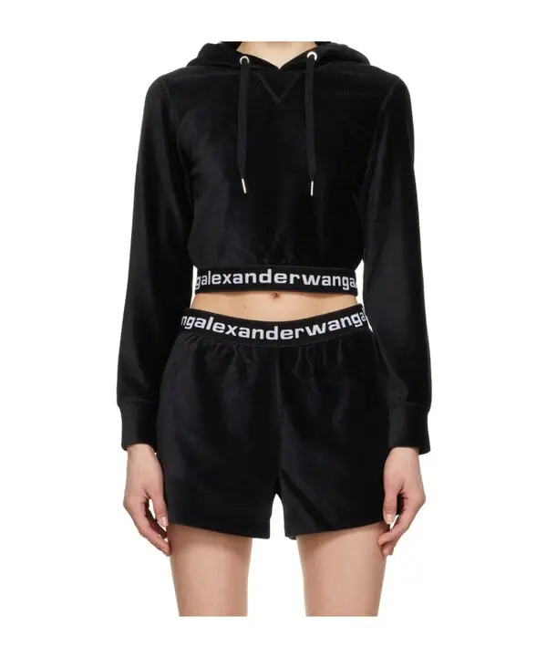 Alexander Wang T Logo Cropped Corduroy Hoodie - Black
