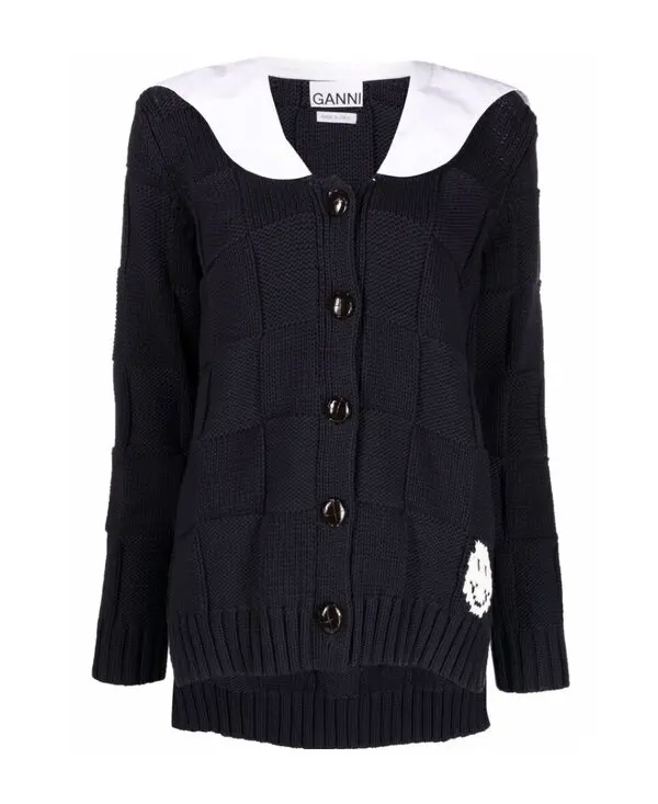 GANNI Sailor-collar Intarsia-knit Cardigan - Dark Blue