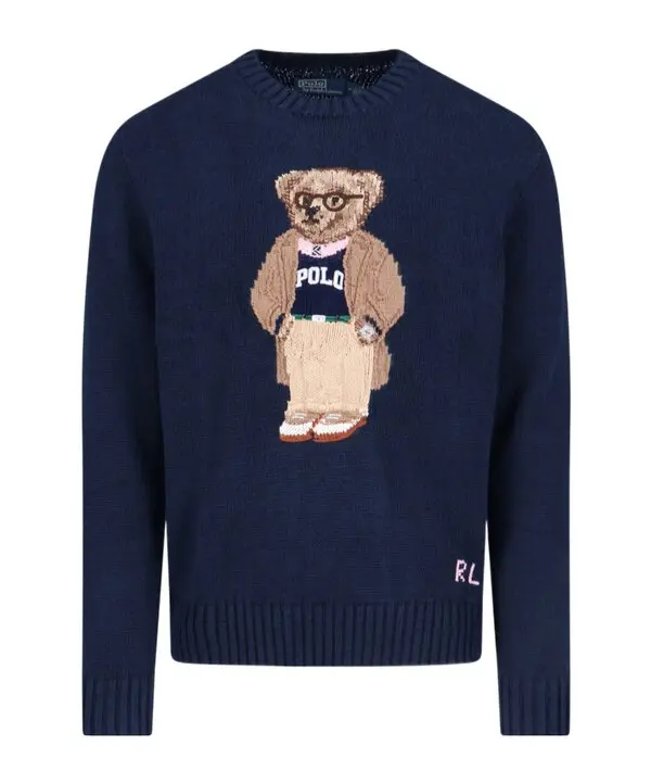 Polo Ralph Lauren Long Sleeve Crewneck Jumper With Embroidered Polo Bear - Navy