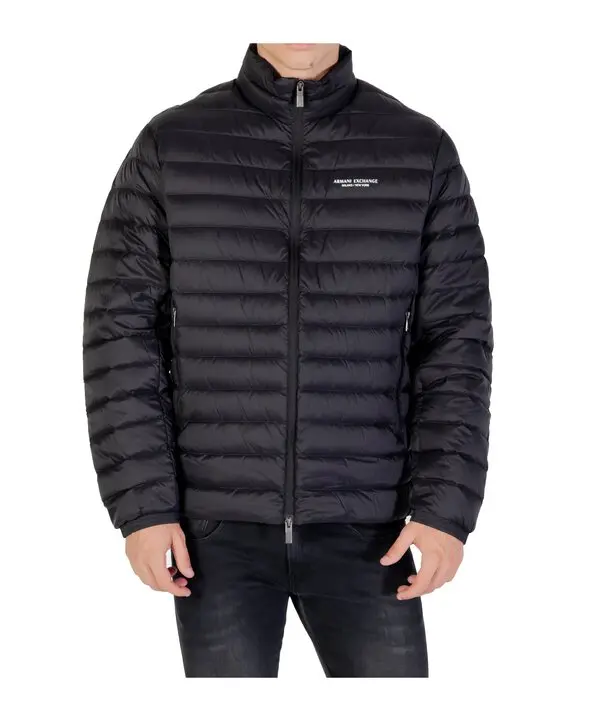 Armani Exchange Quilted Down Jacket With High Collar And Logo Detail - Black