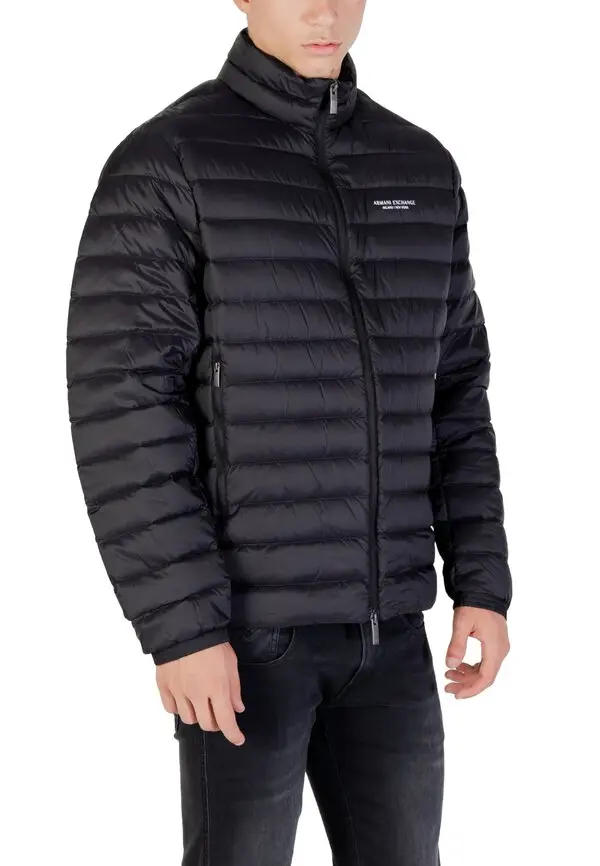 Armani Exchange Quilted Down Jacket With High Collar And Logo Detail - Black