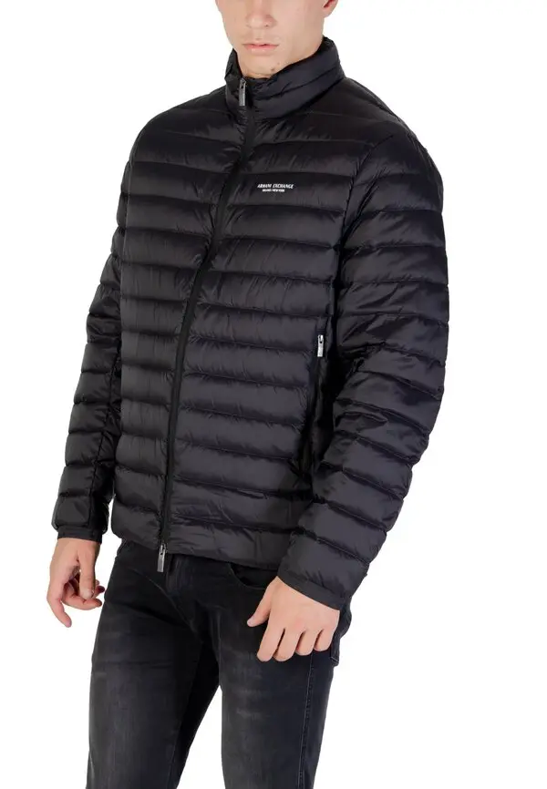 Armani Exchange Quilted Down Jacket With High Collar And Logo Detail - Black