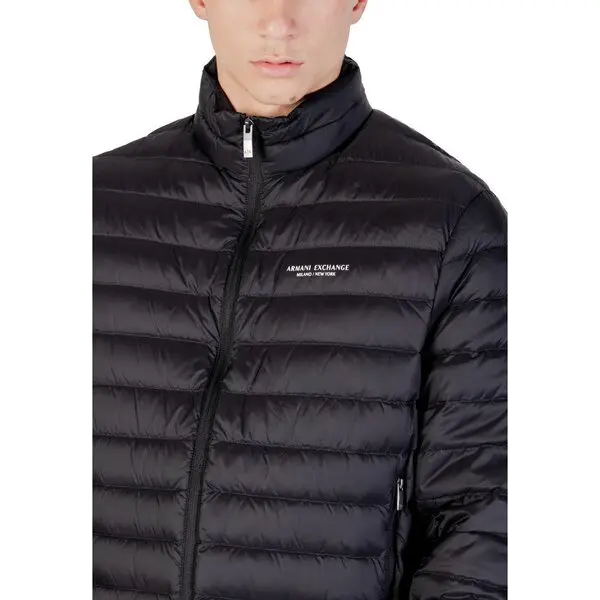 Armani Exchange Quilted Down Jacket With High Collar And Logo Detail - Black