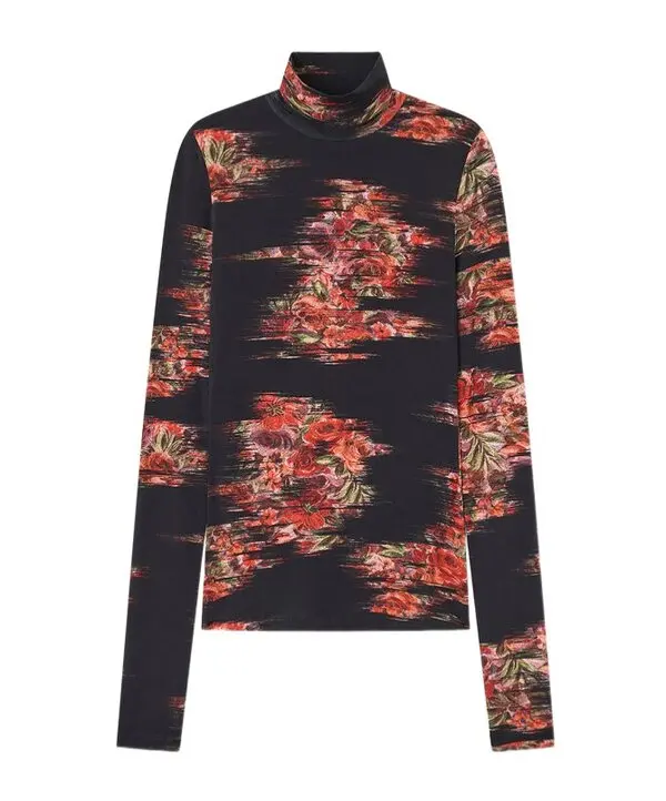 GANNI Floral Jersey Turtleneck Top - Black