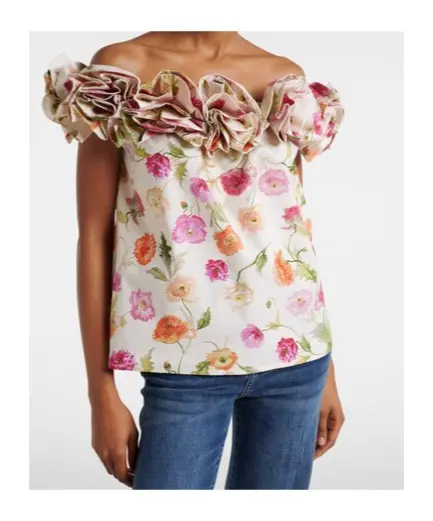 Carolina Herrera Floral-appliqué Off-shoulder Cotton-blend Top