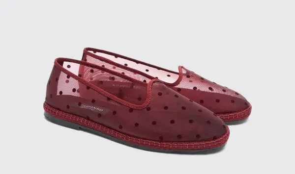 SCAROSSO Burgundy Polka Dot Mesh Ballet Flats