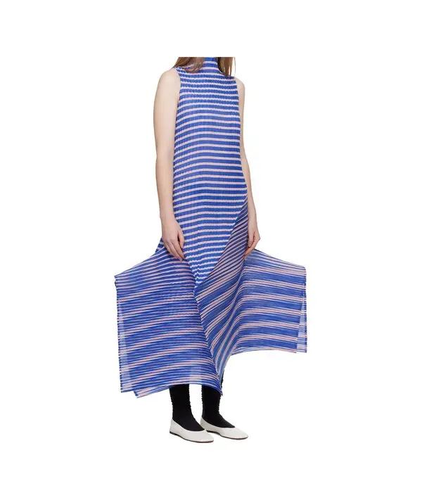 Issey Miyake Sleeveless High Collar Striped Dress With Asymmetrical Hem