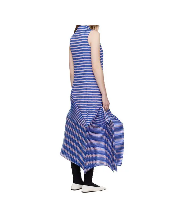 Issey Miyake Sleeveless High Collar Striped Dress With Asymmetrical Hem