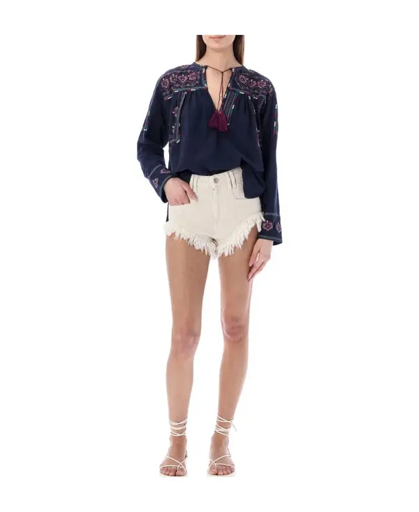 Isabel Marant Étoile Navy Blue Embroidered Poplin Blouse
