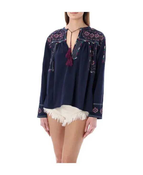 Isabel Marant Étoile Navy Blue Embroidered Poplin Blouse