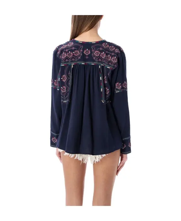 Isabel Marant Étoile Navy Blue Embroidered Poplin Blouse