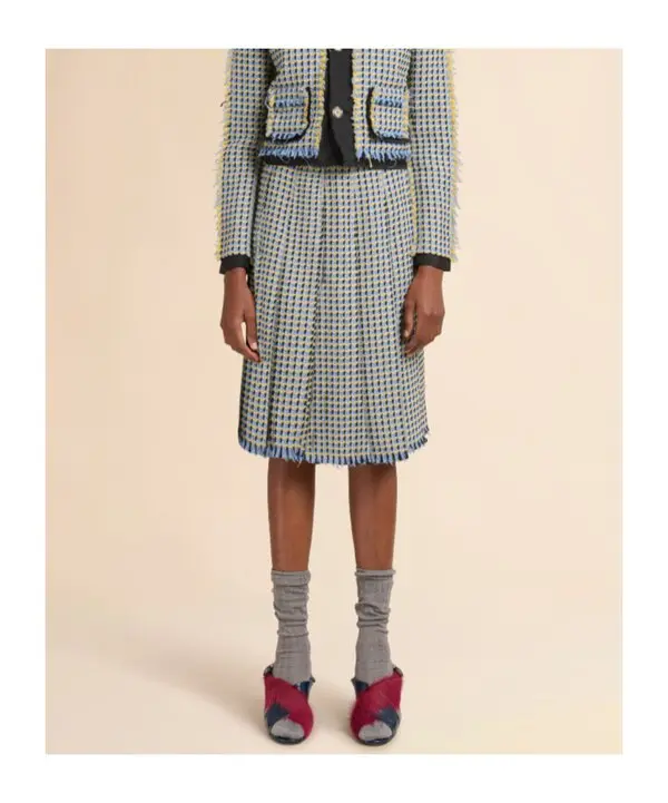 Marni Blue Cotton Tweed-effect Pleated Skirt