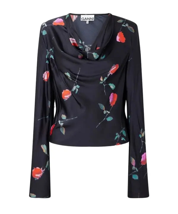 GANNI Floral Printed Satin Blouse