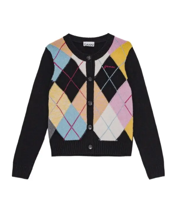 GANNI Argyle Crew Neck Cardigan - Multi-color