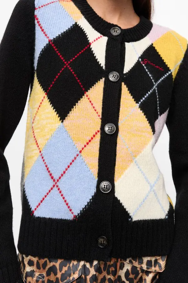 GANNI Argyle Crew Neck Cardigan