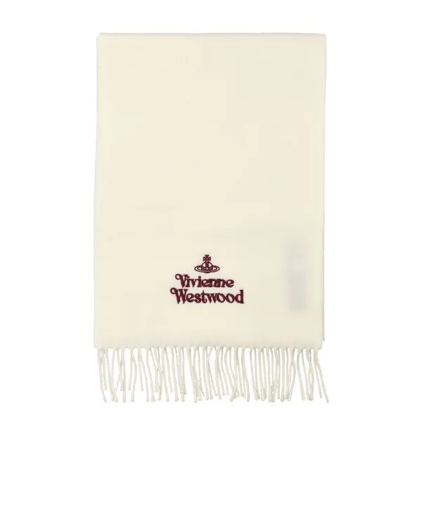VIVIENNE WESTWOOD Logo Embroidered Fringed Scarf - White