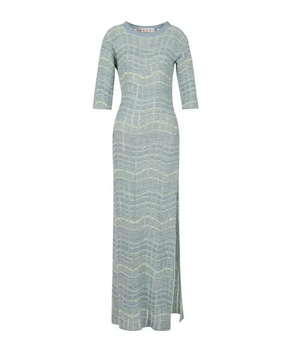 Marni Ribbed Linen Dress With Wavy Pattern - Blue